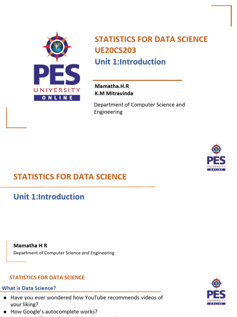 UE20CS203 Unit1 Class1 Introduction | PDF | Data Science | Statistics