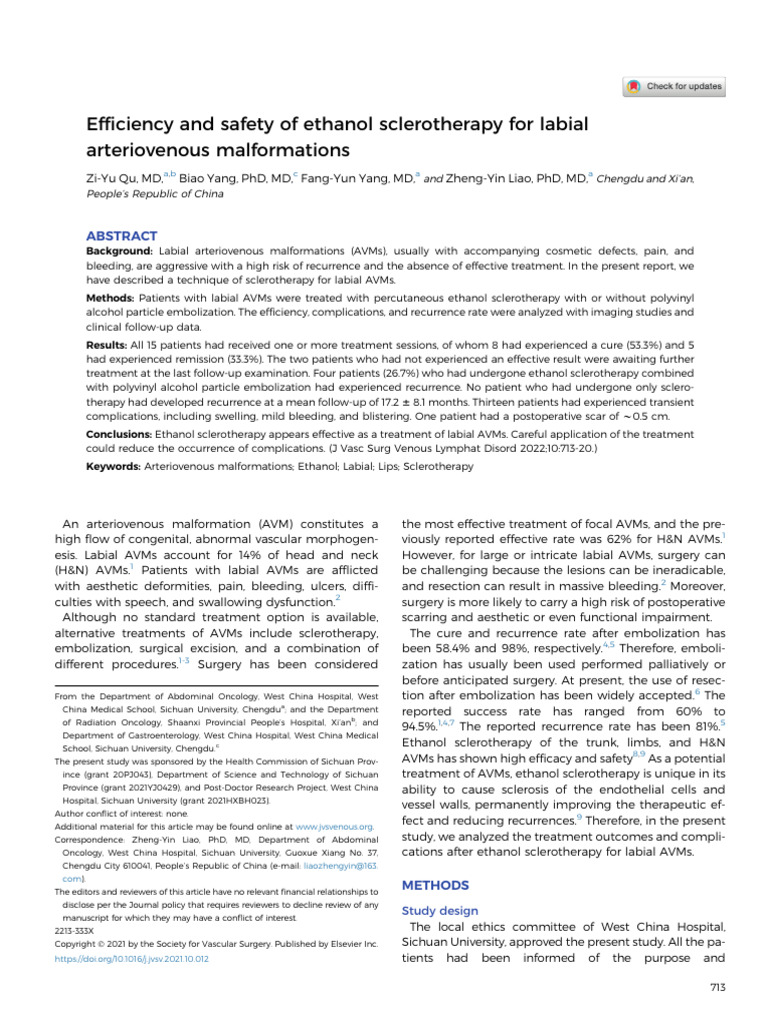 Efficiency and Safety of Ethanol Sclerotherapy For Labial Arteriovenous ...