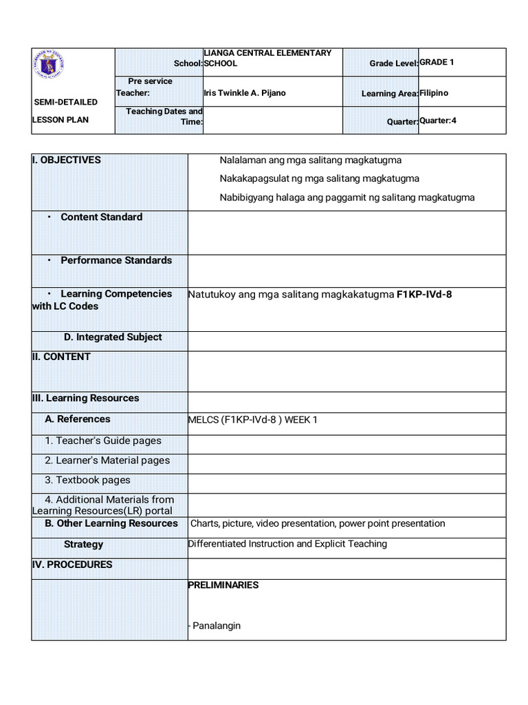 Pijano - Grade 1 Filipino | PDF