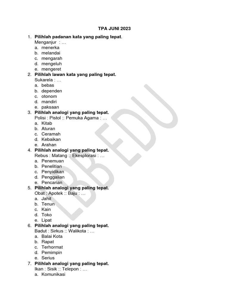 Soal Tpa Tahun 2023-2021 | PDF