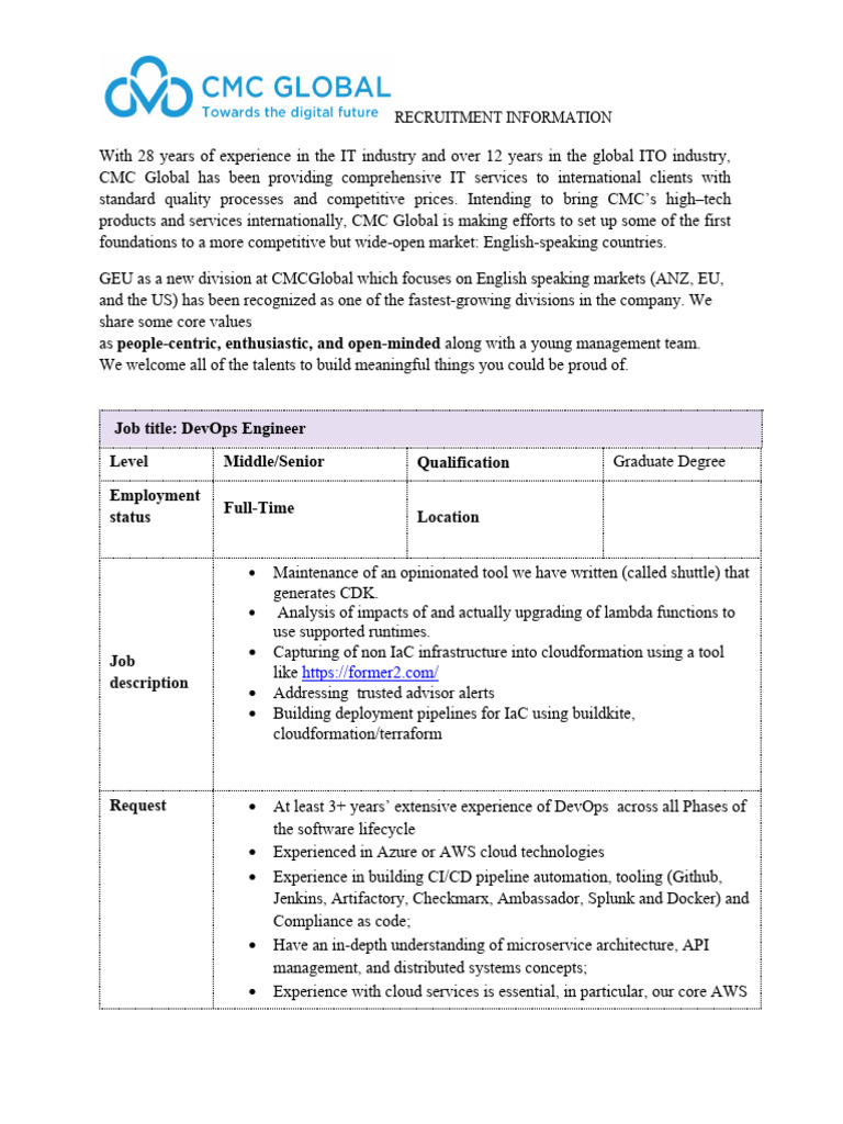 CMC Global GEU DevOps Engineer | PDF | Cloud Computing | Amazon Web ...