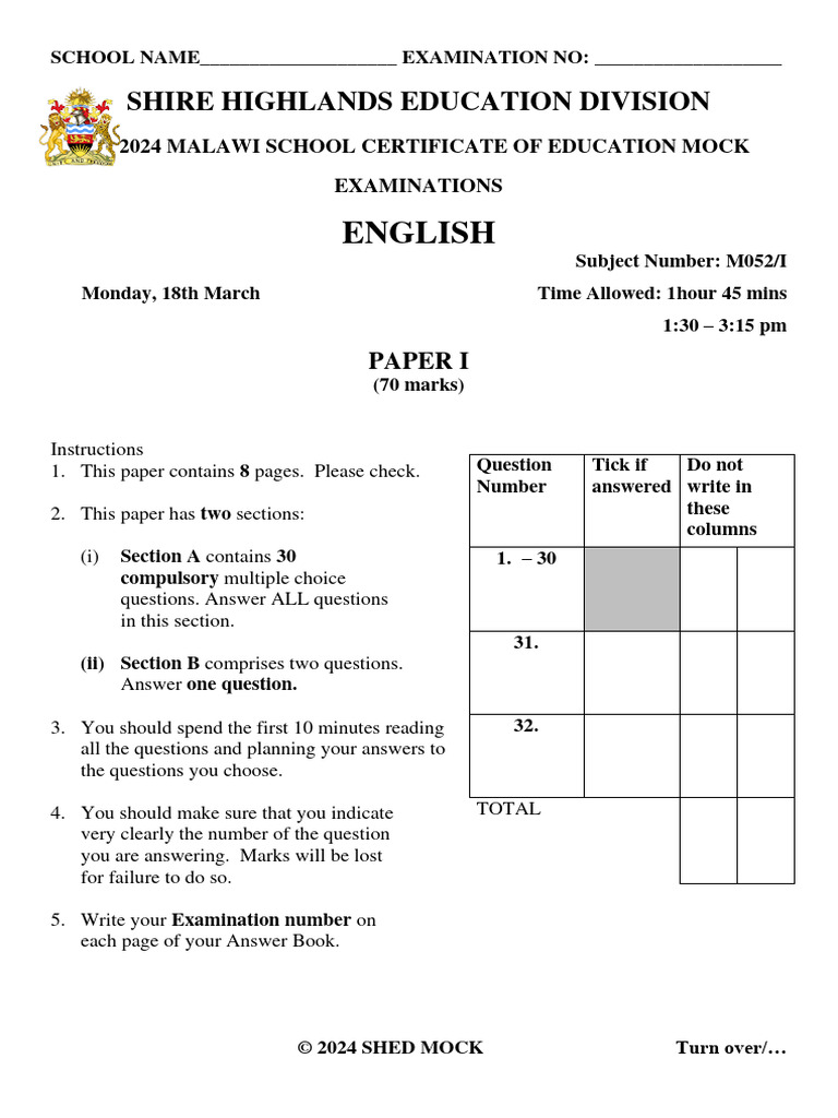 2024 Shed English Paper I | PDF | Adverb | Adjective