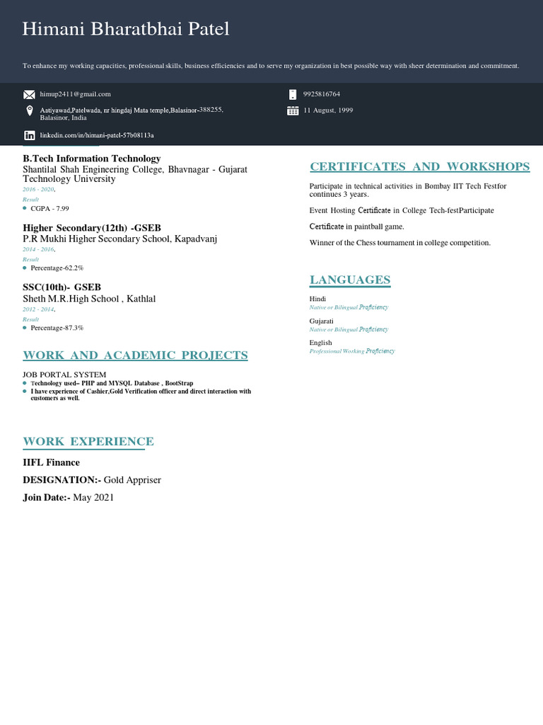 HIMANI Resume | Download Free PDF | Gujarat