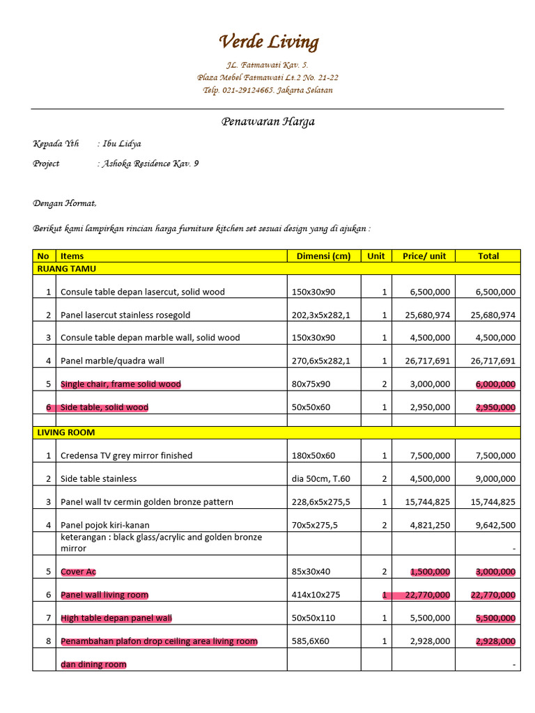 Penawaran Harga Furniture Ibu Lidya - Verde Living After Revisi Detail ...