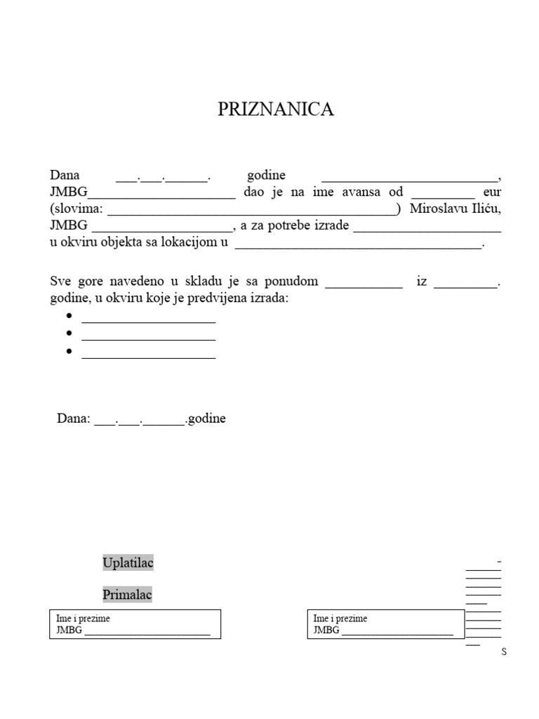 PRIZNANICA AVANS model | PDF