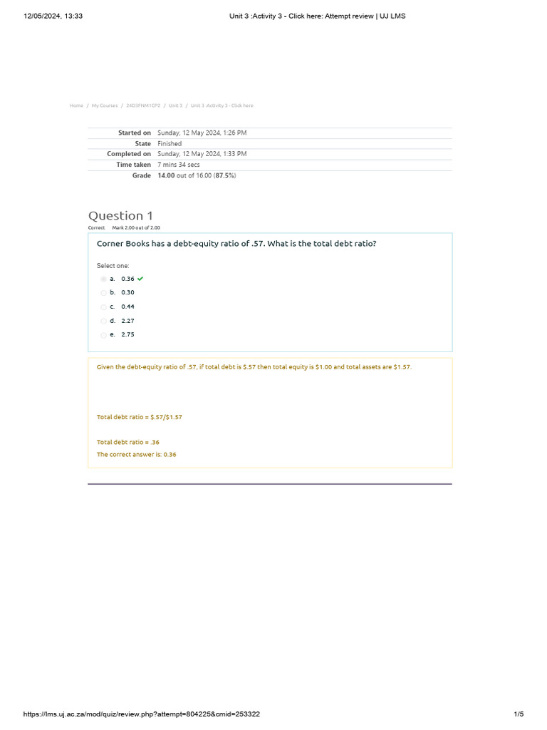 Unit 3 - Activity 3 - Click Here - Attempt Review - UJ LMS | PDF | Equity (Finance) | Leverage ...