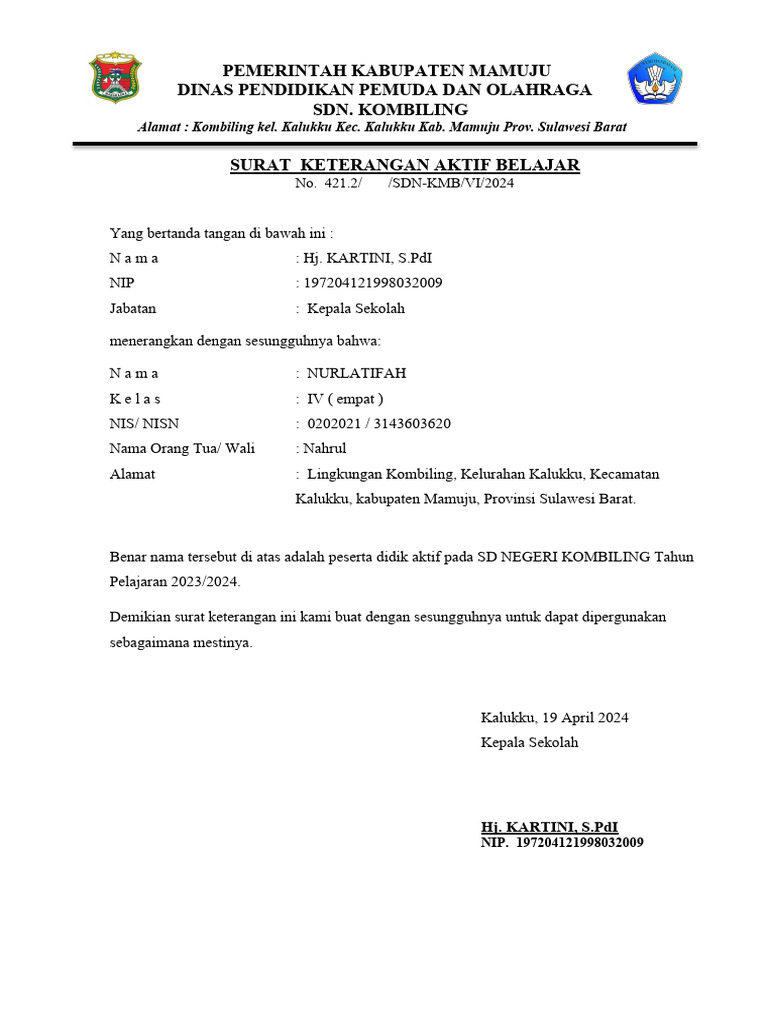 Surat Keterangan Aktif Belajar Siswa 2024 | PDF