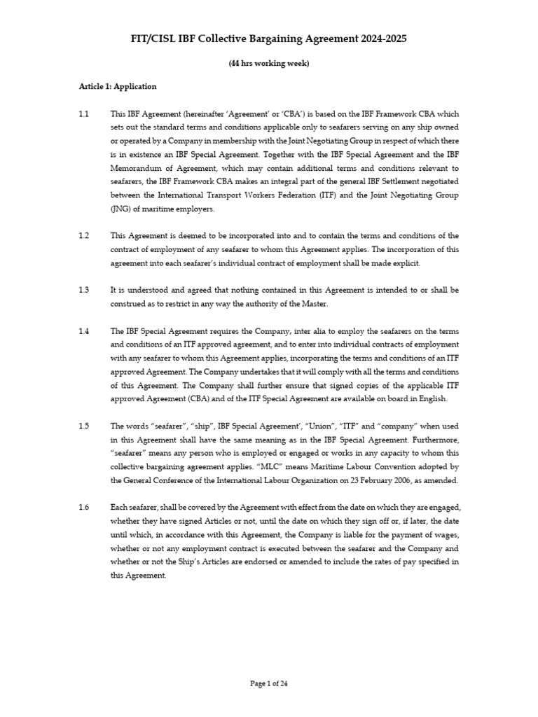 FIT CISL IBF Model CBA 2024-2025 44hrs | Download Free PDF | Employment ...