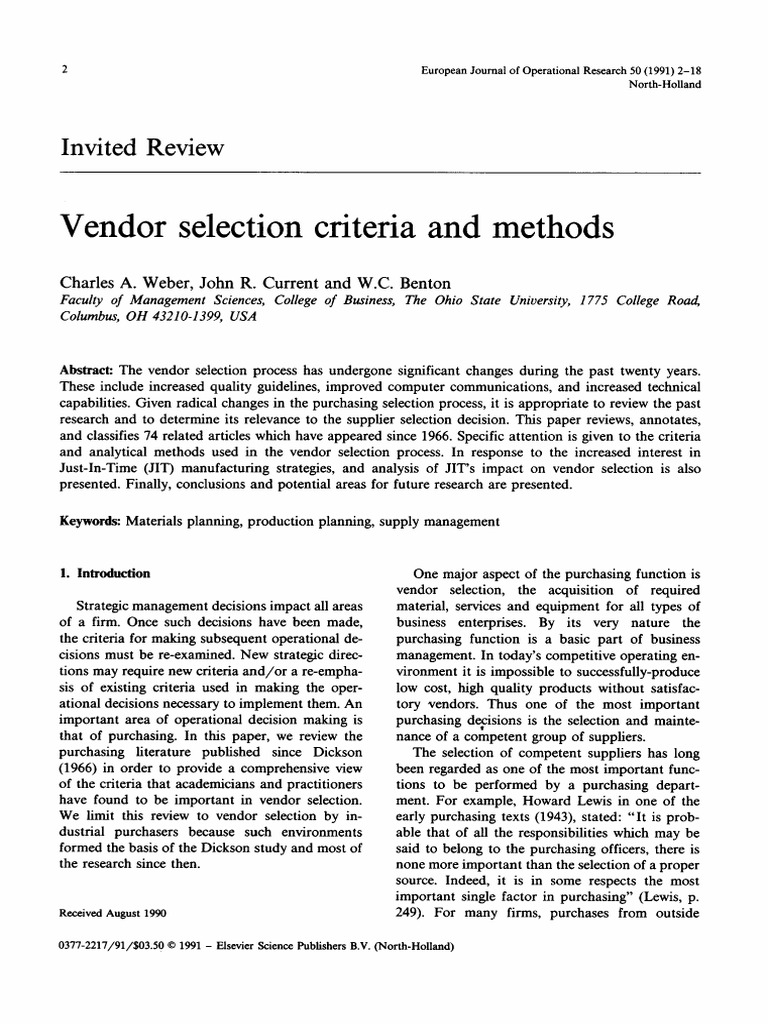 Vendor Selection Criteria and Methods | PDF | Lean Manufacturing | Pricing