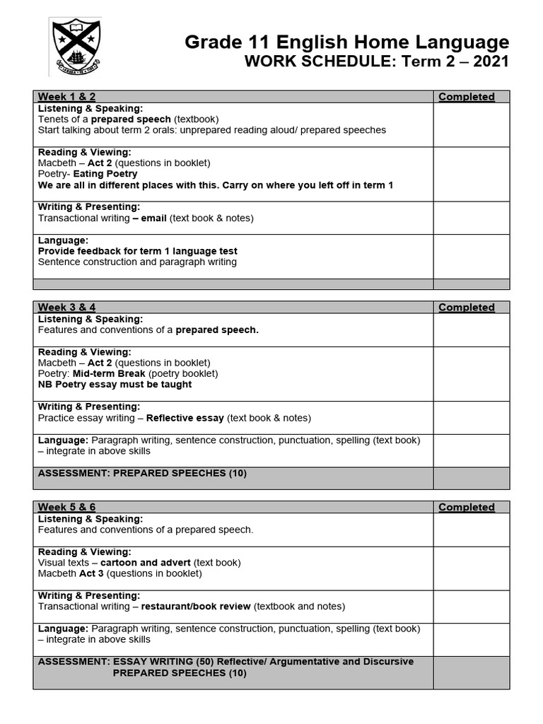 Scheme of Work Grade 11 Term 2 | PDF | Essays | Poetry