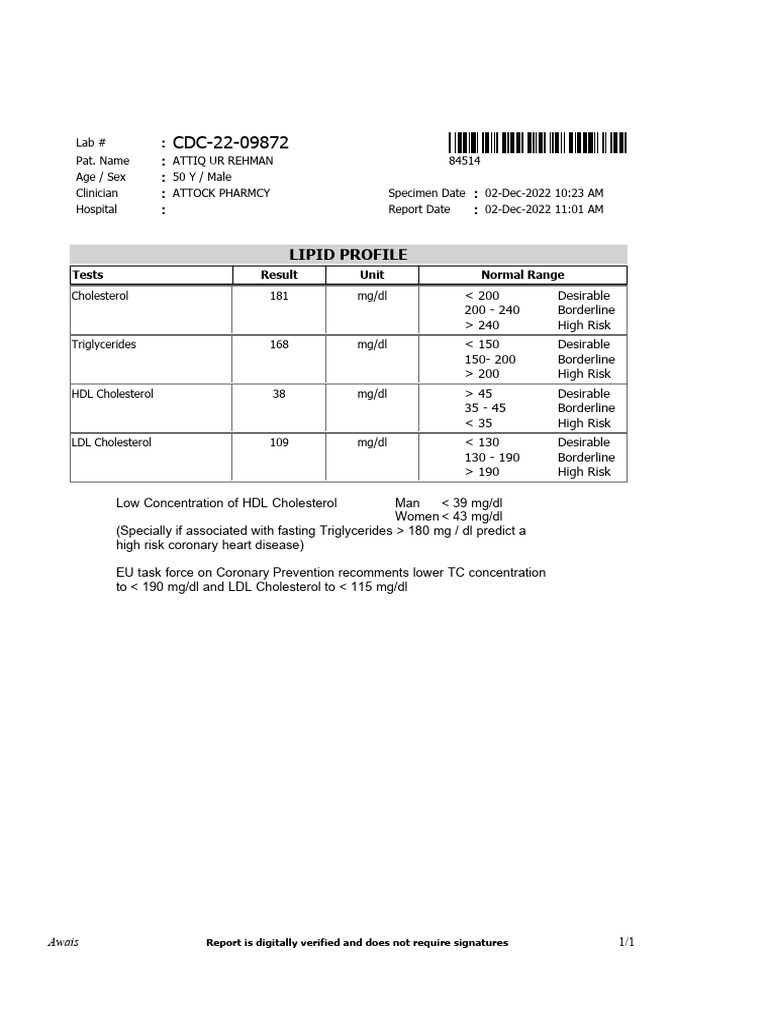 Lipid Profile: Tests Result Unit Normal Range | PDF