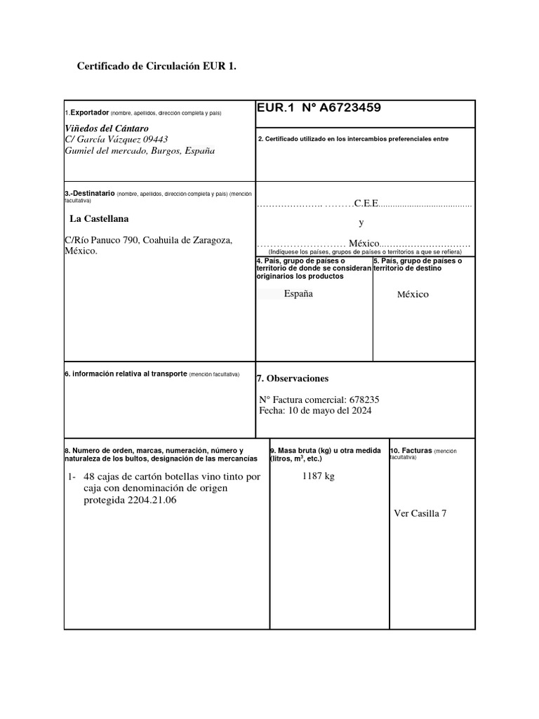 Certificado EUR 1 para Exportación de Vino | PDF