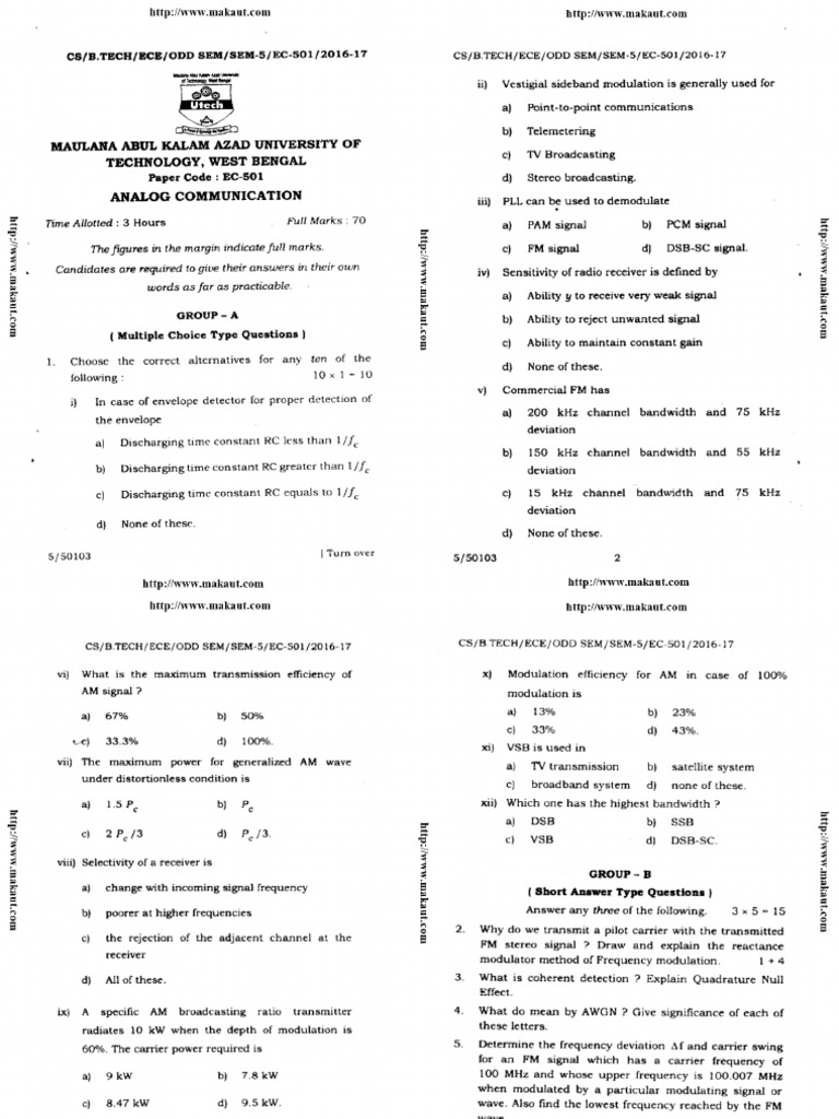 Btech Ec 501 Analog Communication 2017 | PDF