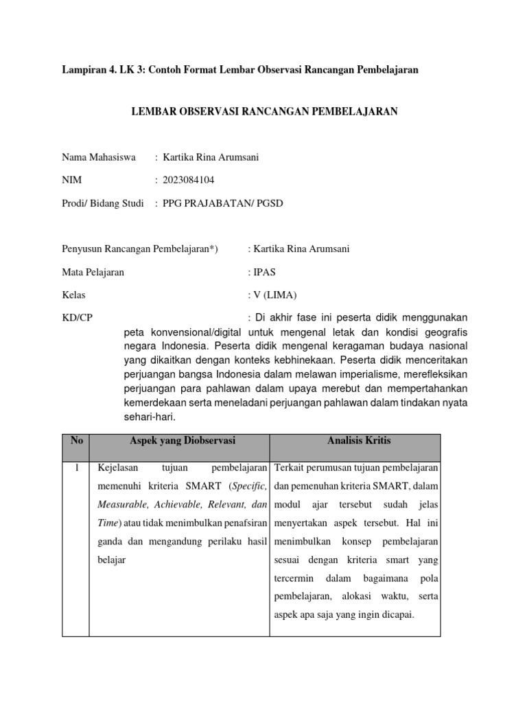 Lampiran 4. LK 3 Contoh Format Lembar Observasi Rancangan Pembelajaran - Siklus 2 | PDF | Karier ...