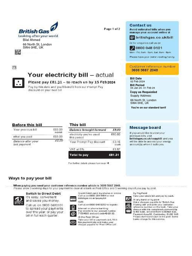 Utility Bill for Bilal Ahmed, Feb 2024 | PDF