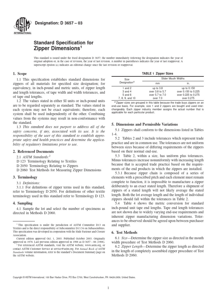 Zipper Dimensions: Standard Specification For | PDF | Engineering ...