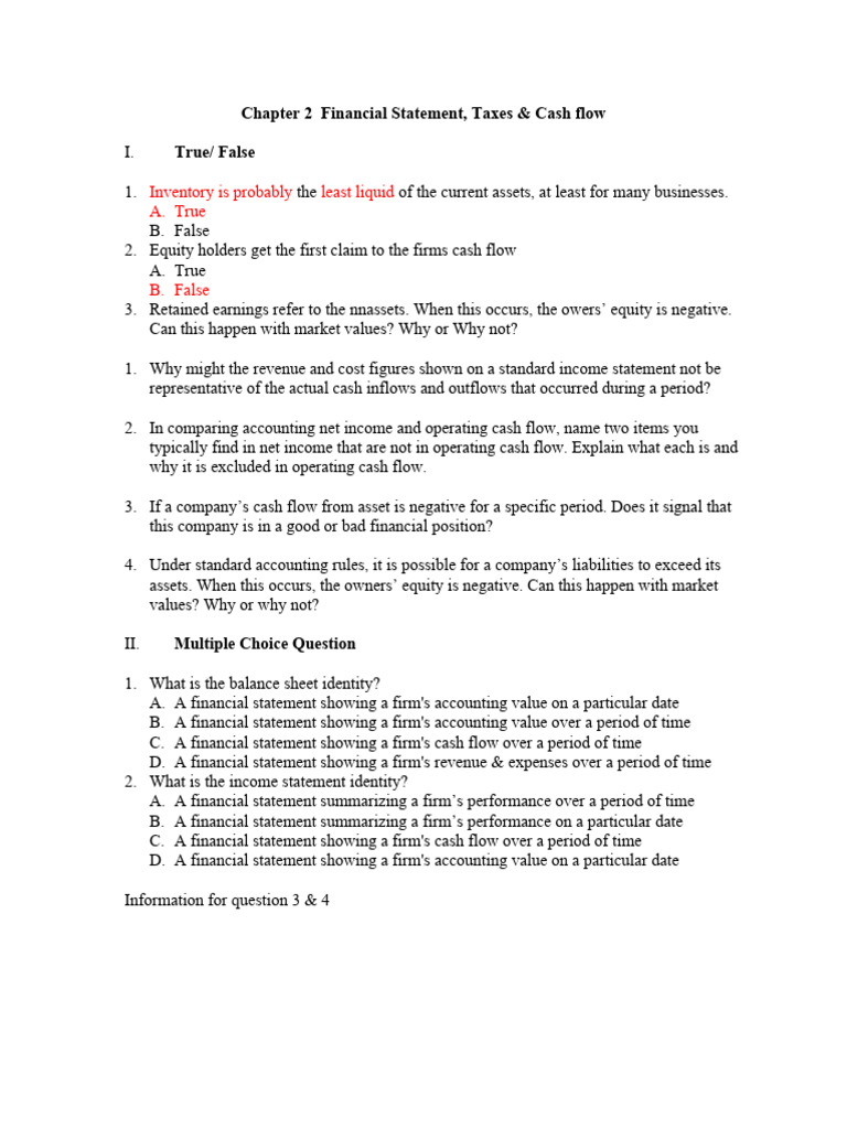 Chapter 2 Financial Statement, Taxes _ Cash flow_Student version | PDF | Expense | Equity (Finance)