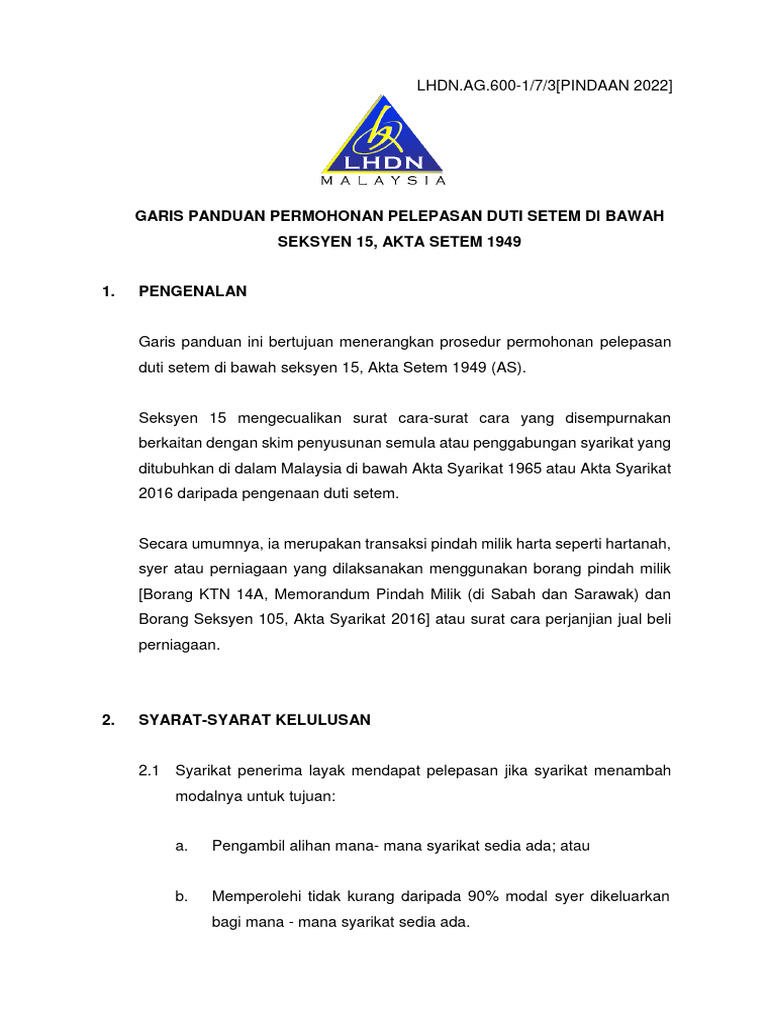 GP PERMOHONAN PELEPASAN DUTI SETEM DL BAWAH SEKSYEN 15 AKTA SETEM 1949 ...