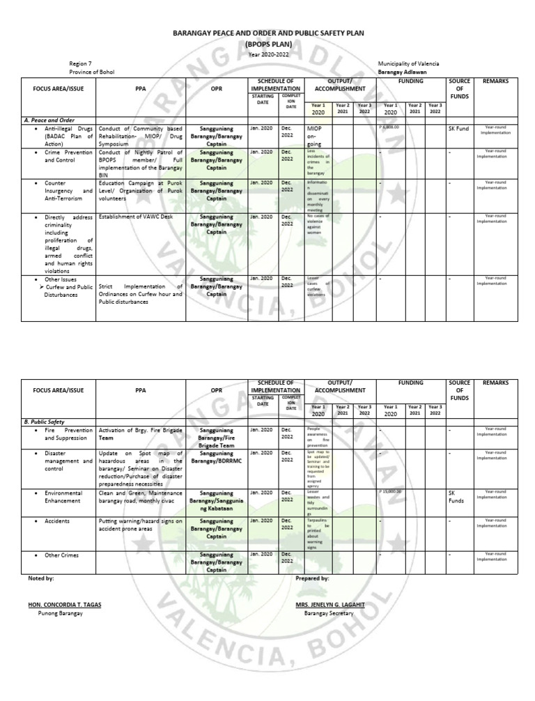 BARANGAY PEACE AND ORDER AND PUBLIC SAFETY PLAN 2020-2022 | PDF ...
