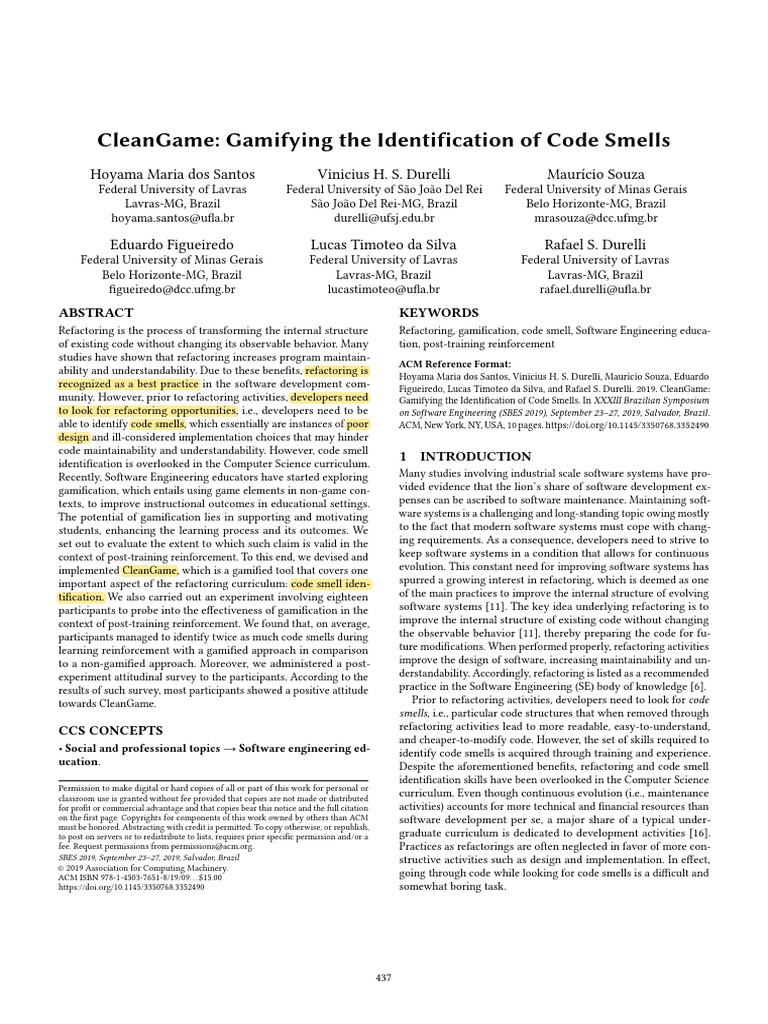 CleanGame Gamifying The Identification of Code Smells | PDF | Hypothesis | Experiment