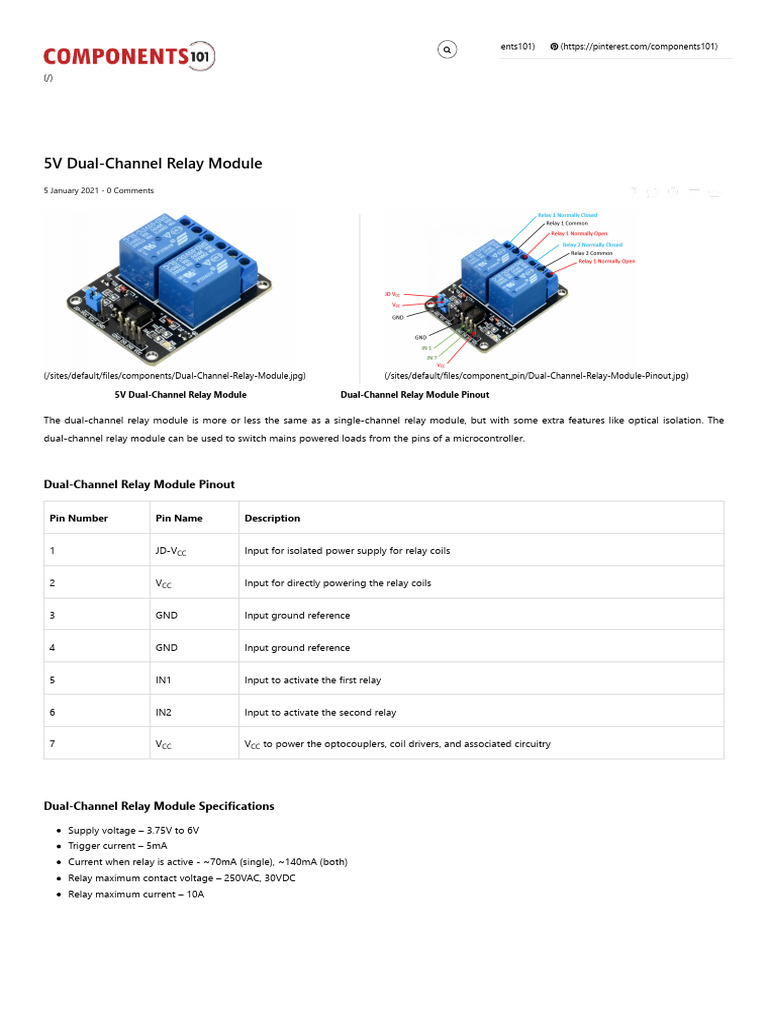 5V Dual-Channel Relay Module - Pinout, Specification, Application ...
