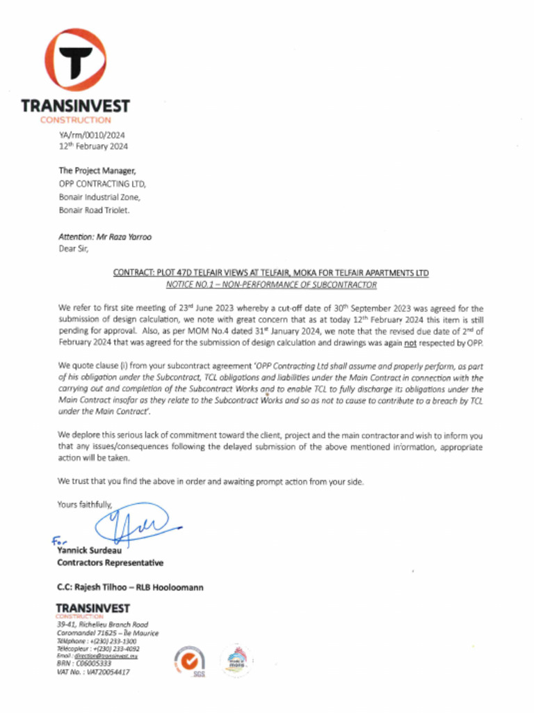 Non-Performance Letter | PDF