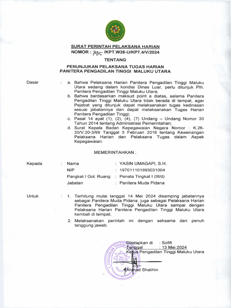 Plh. Panitera PT Malut - TMT 14-05-2024 | PDF