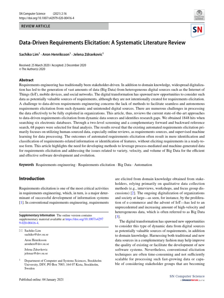 Data‑Driven Requirements Elicitation: A Systematic Literature Review ...
