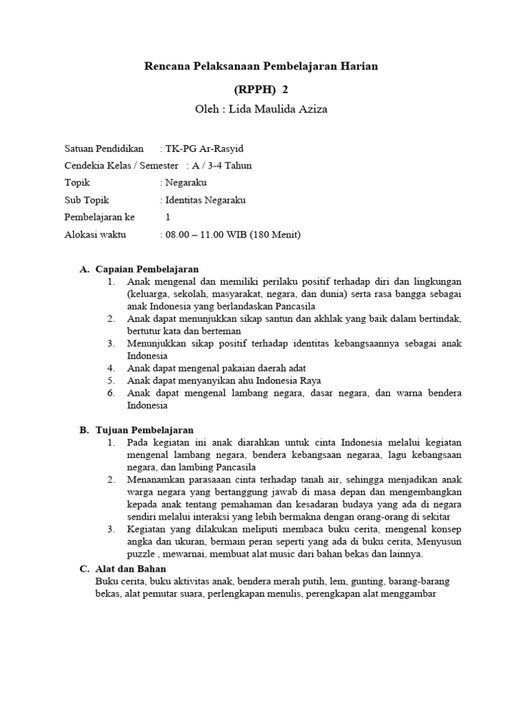 1752 Contoh Lengkap RPPH Kurikulum Merdeka Paud Compress | PDF