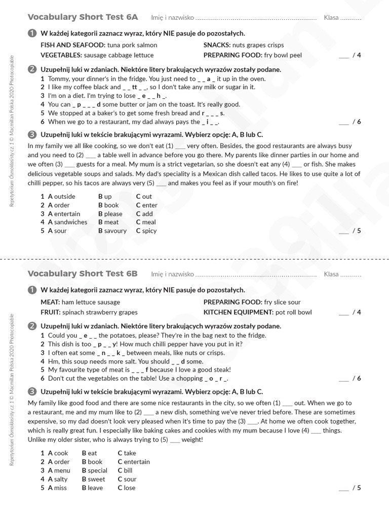 Unit 6 Short Test Vocab A&B-1 | PDF | Foods | Cuisine