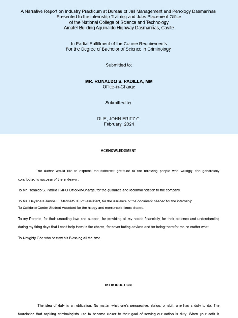 BJMP Internship Experience Overview | PDF | Prison | Justice