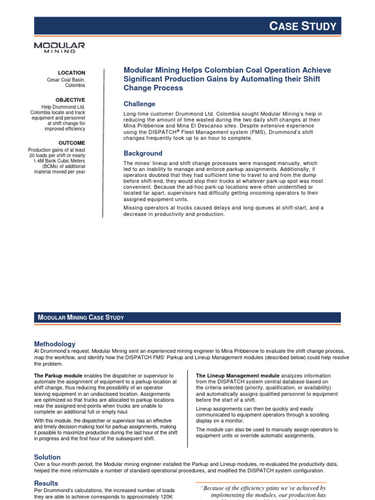 Case-Study_Drummond-Colombia_Shift-Change-Efficiency-2017 | PDF | All Rights Reserved | Copyright