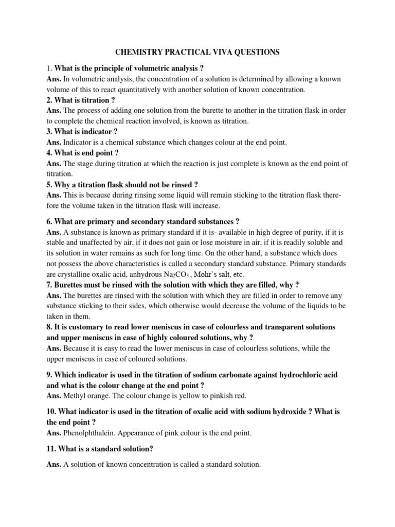 Chemistry Practical Viva Questions | PDF | Titration | Chemistry