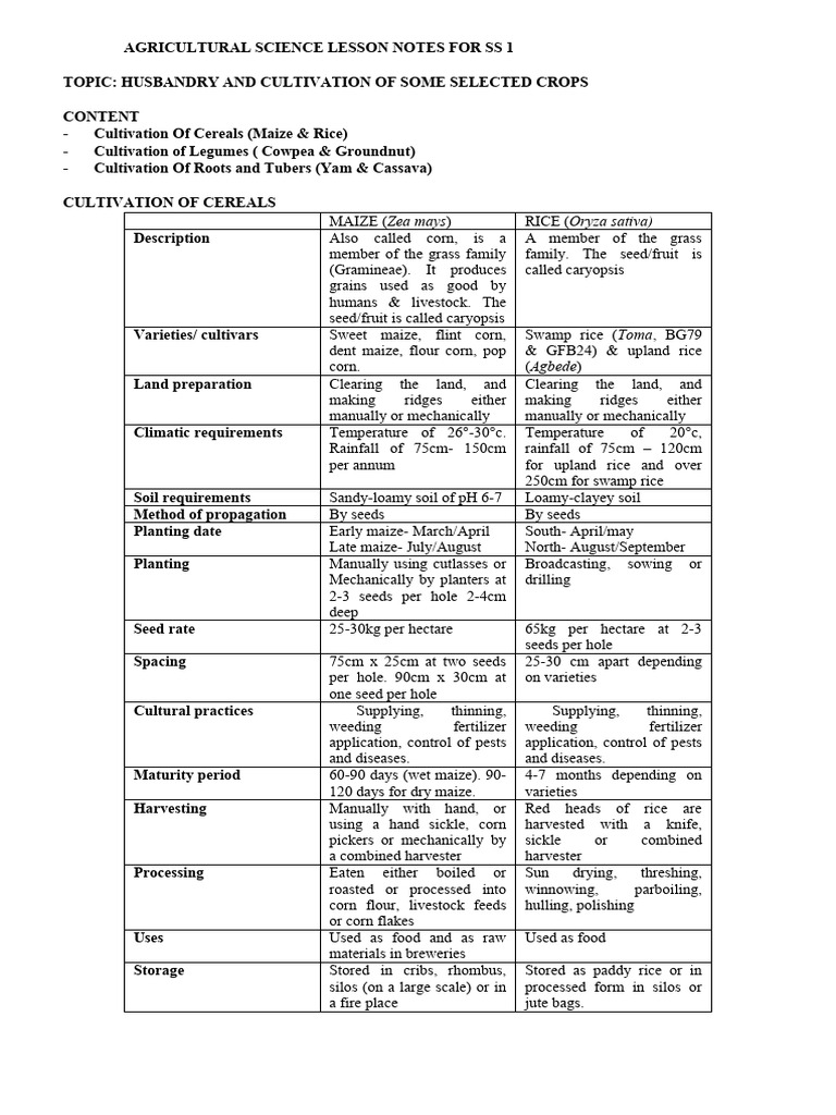 Ss1 Agric Cultivation of Legumes + Roots & Tubers | PDF | Legume | Maize