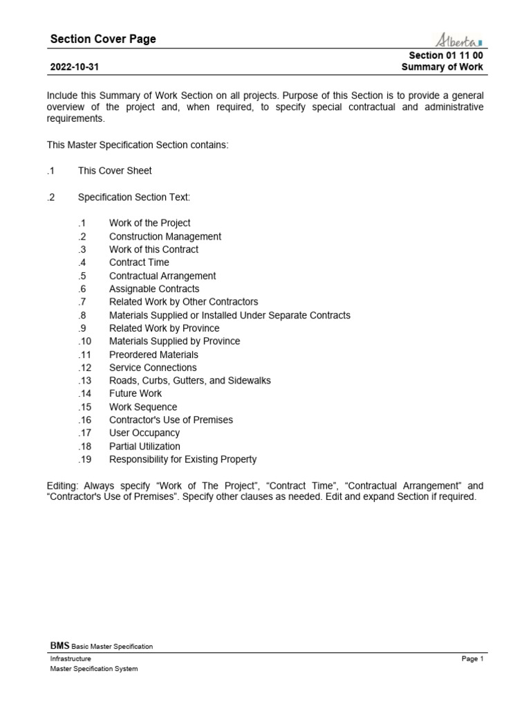 Section Cover Page: Section 01 11 00 2022-10-31 Summary of Work | PDF ...