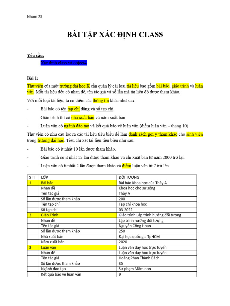 BT3 Nhóm25 Xác định class và object | PDF