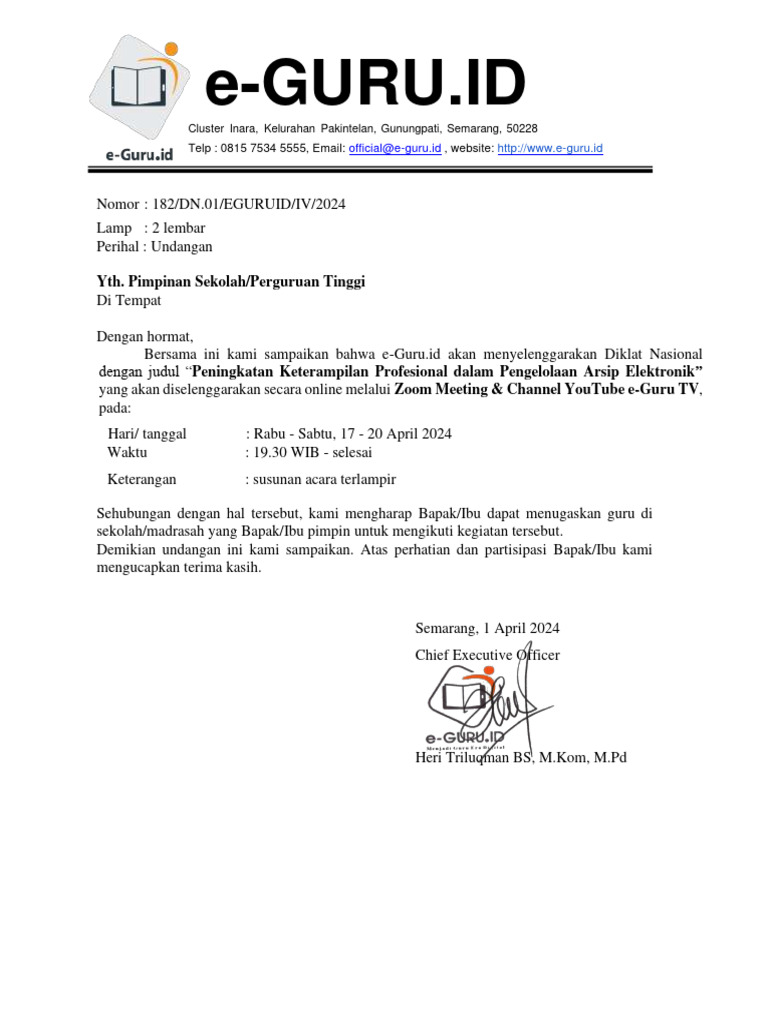 1 - Surat Undangan Workshop Kearsipan April 2024 | PDF