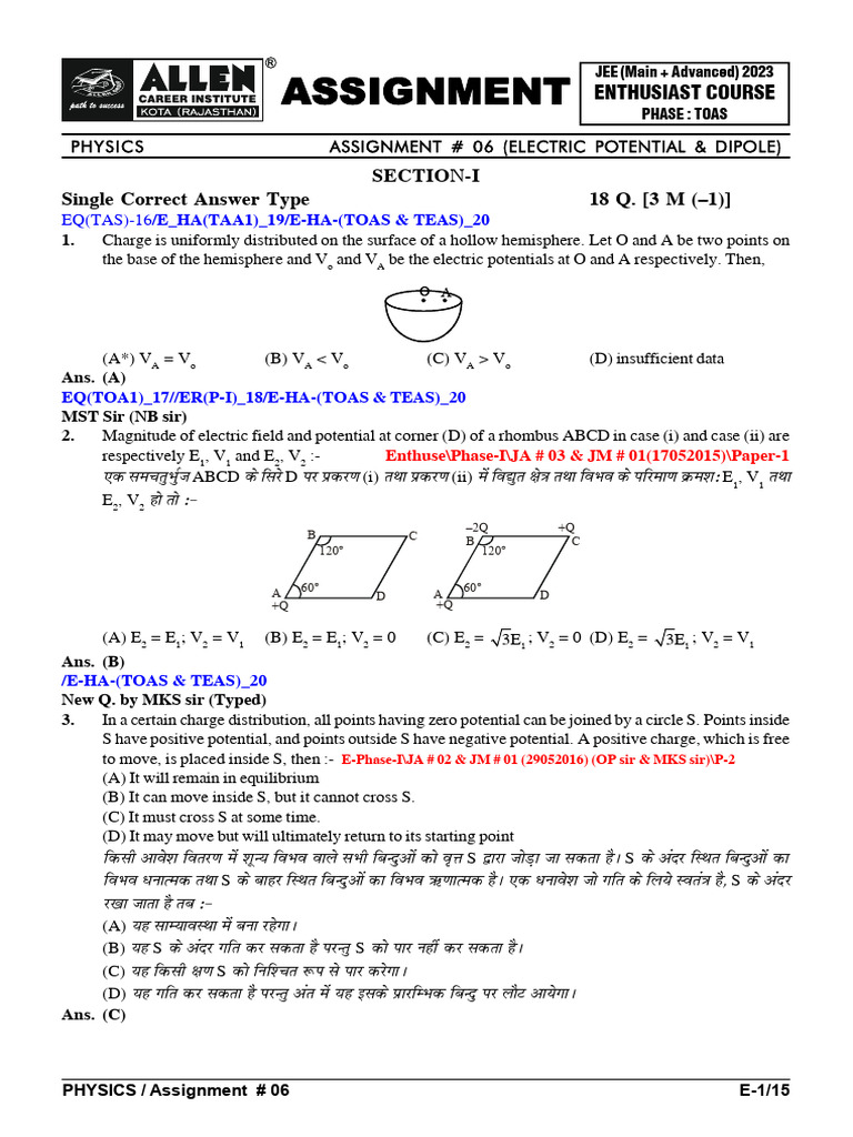 Electric Potential and Dipole Assignment | PDF | Electric Field | Electrostatics