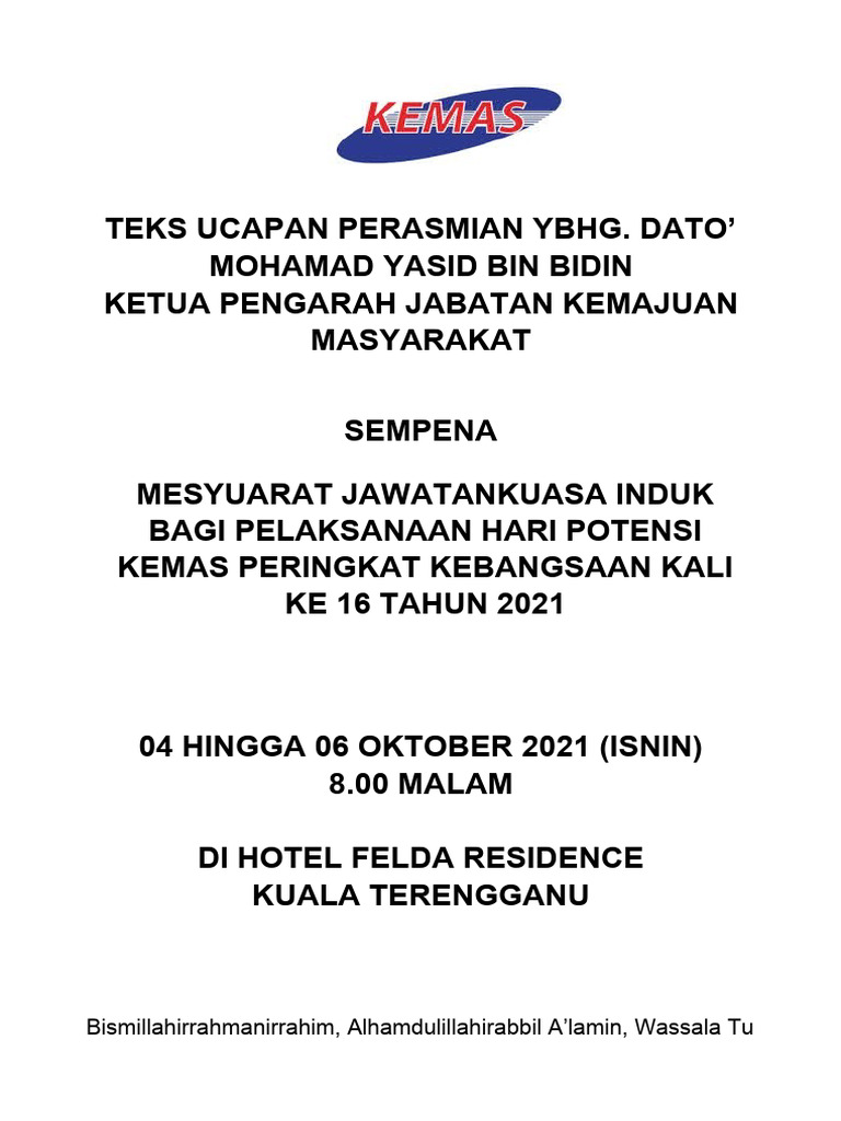 TEKS UCAPAN RASMI MESYUARAT JK INDUK POTENSI 04102021 | PDF