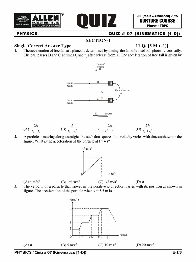 07 # Quiz (Eng) - Kinematics (1-D) | PDF