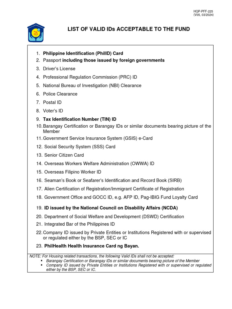 Valid IDs for Pag-IBIG Transactions | PDF