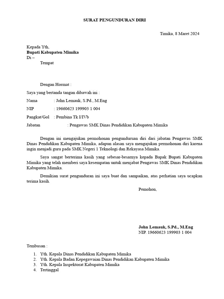 Surat Pengunduran Diri John Lemauk | PDF | Ilmu Sosial