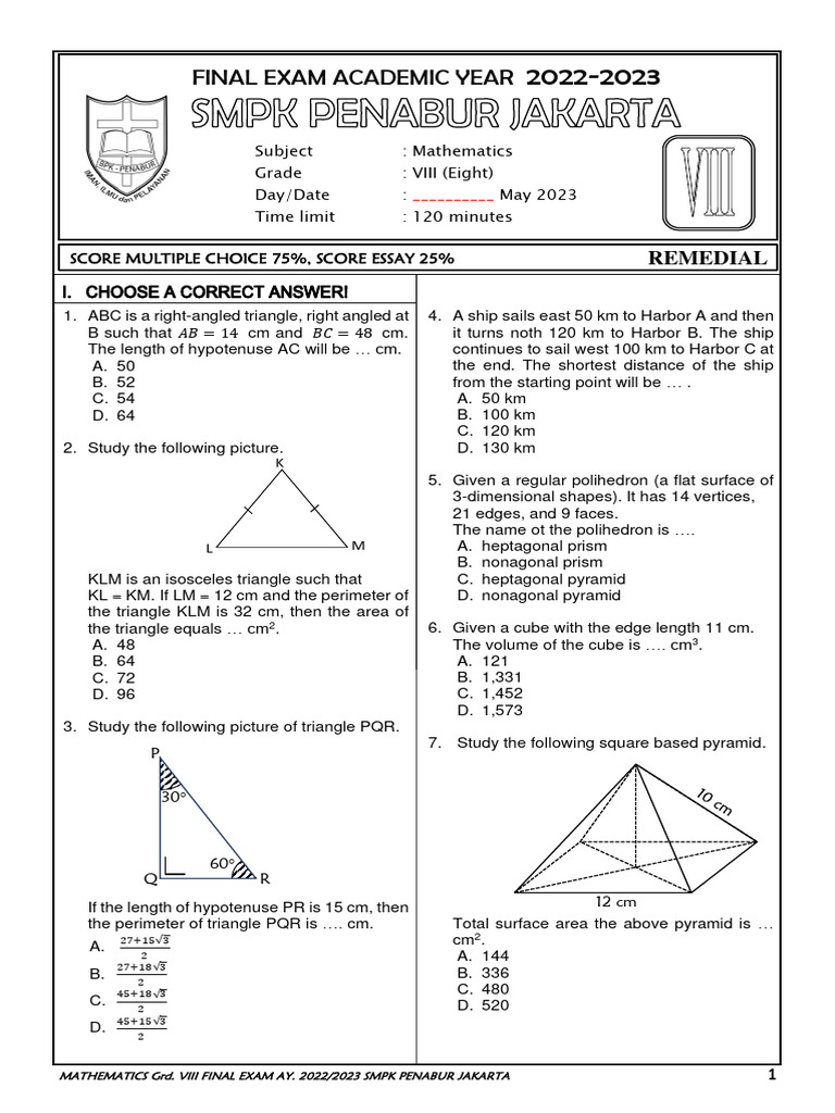 REMEDIAL PAT Math Grade 8 THN. 2022 2023 | PDF | Area | Triangle