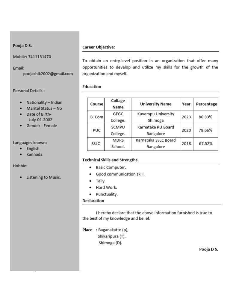 Entry-Level Resume of Pooja D S | PDF