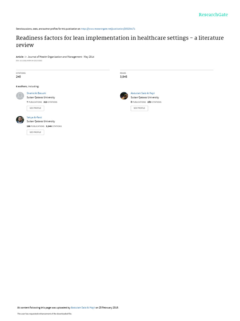 Readiness Factors For Lean Implementation in Healthcare Settings A ...