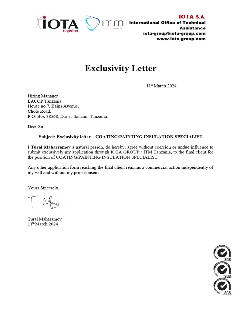 Exclusivity Letter - Tural Maharamov | PDF Exclusivity Letter - Tural Maharamov | PDF