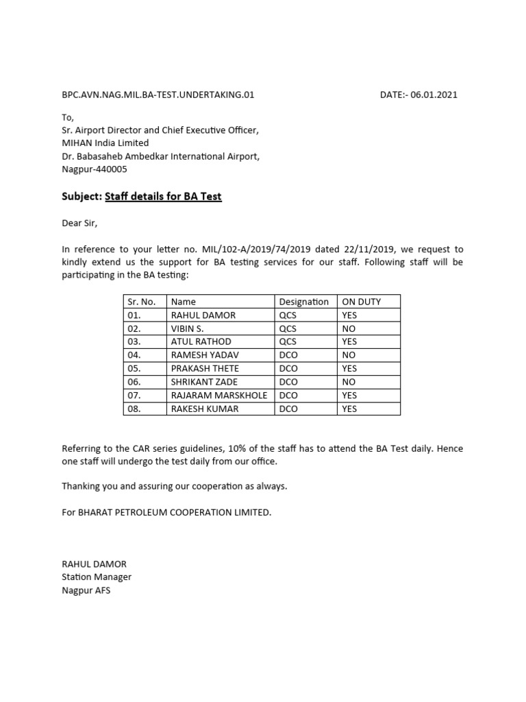 BA Test Letter | PDF