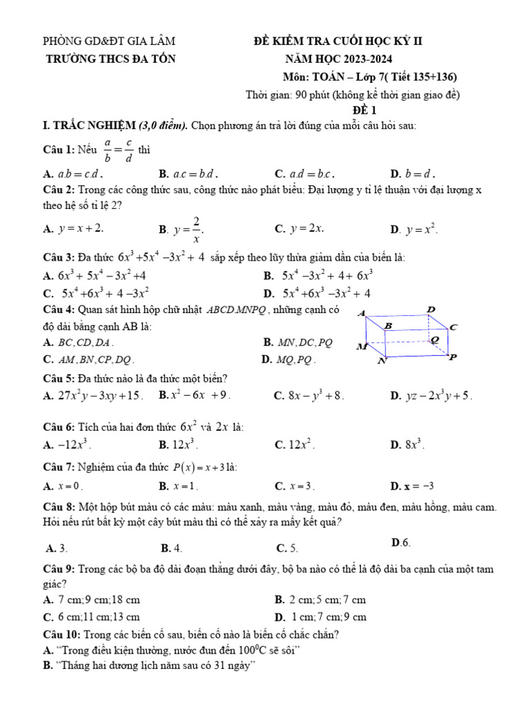 De Cuoi Hoc Ky 2 Toan 7 Nam 2023 2024 Truong Thcs Da Ton Ha Noi | PDF