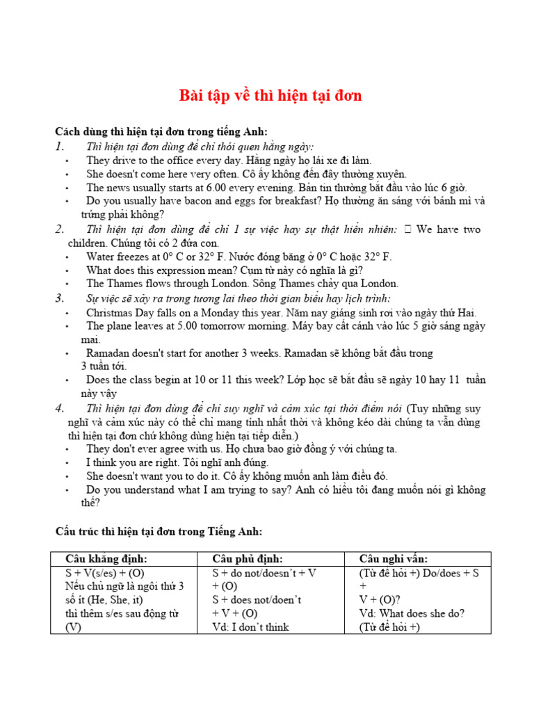 Bai Tap Thi Hien Tai Don Trong 1tieng Anh 1 | PDF