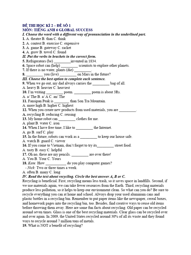 ĐỀ THI HỌC KÌ 2 Anh 6 | PDF | Recycling